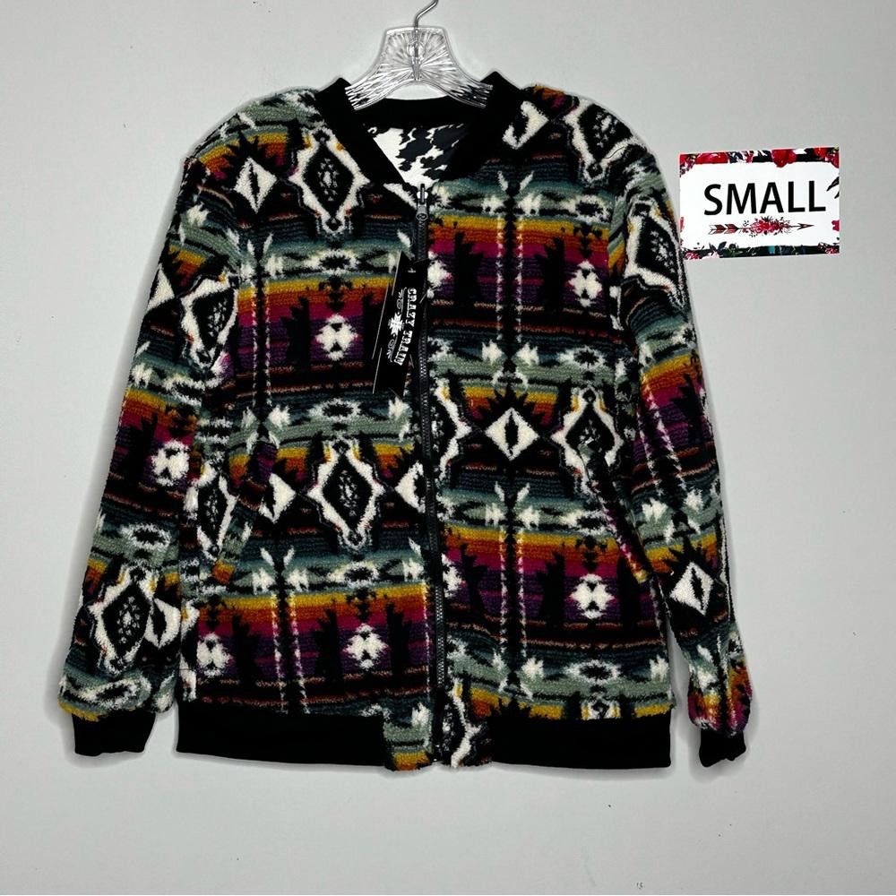 Designer Crazy Train Small Reversible Fleece Jacket Aztec & Cow Print ...
