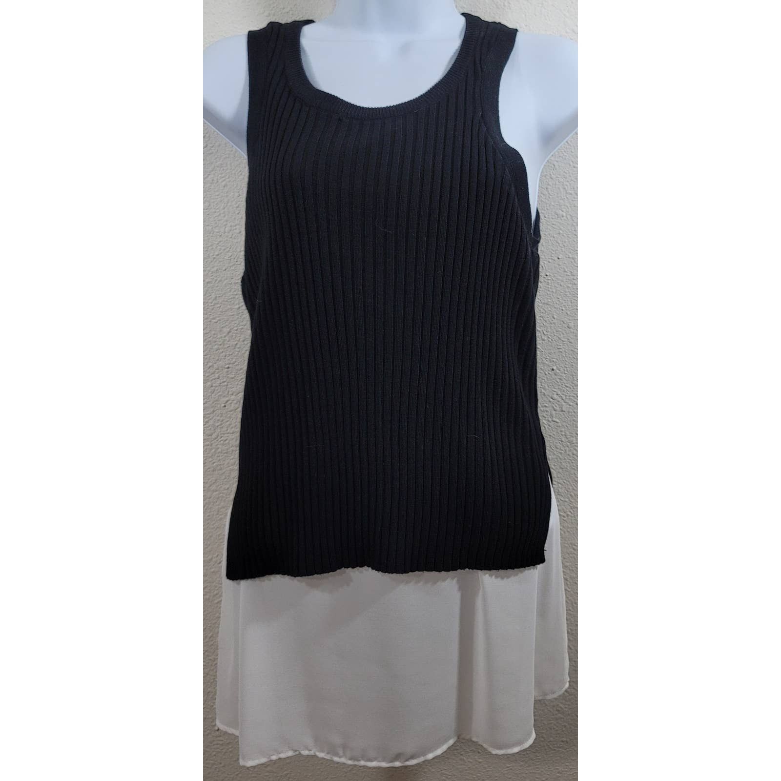 Bar III Bar III Black Ribbed Lined And Layered Sheer Hem Top Medium ...