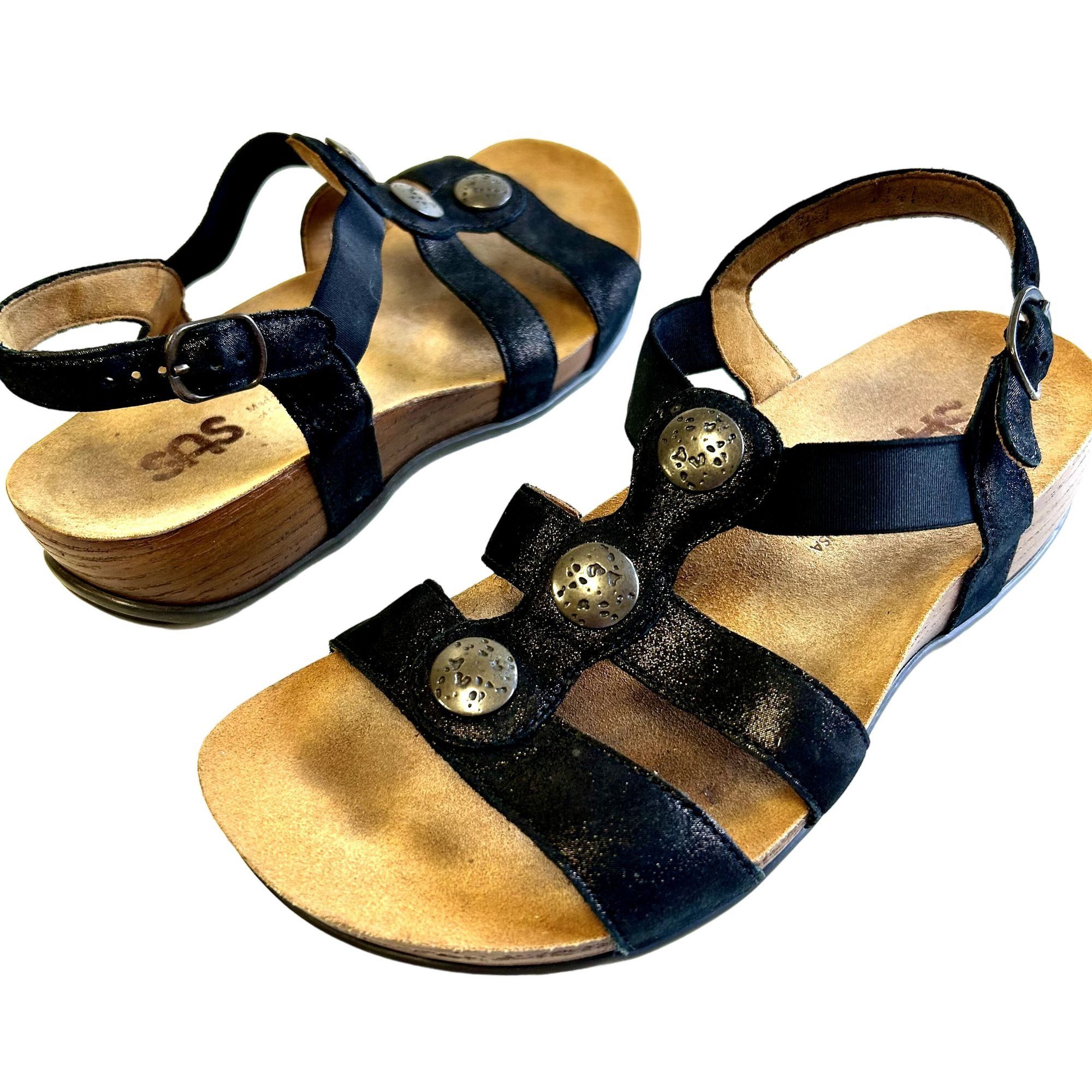 SAS SAS Clover Space Black Metallic Leather T Strap Sandals 8.5 | Grailed