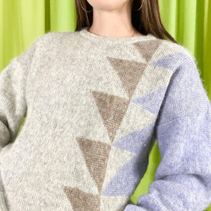 Vintage 90s Vintage Beige Periwinkle Blue Triangle Knit Wool Sweater ...
