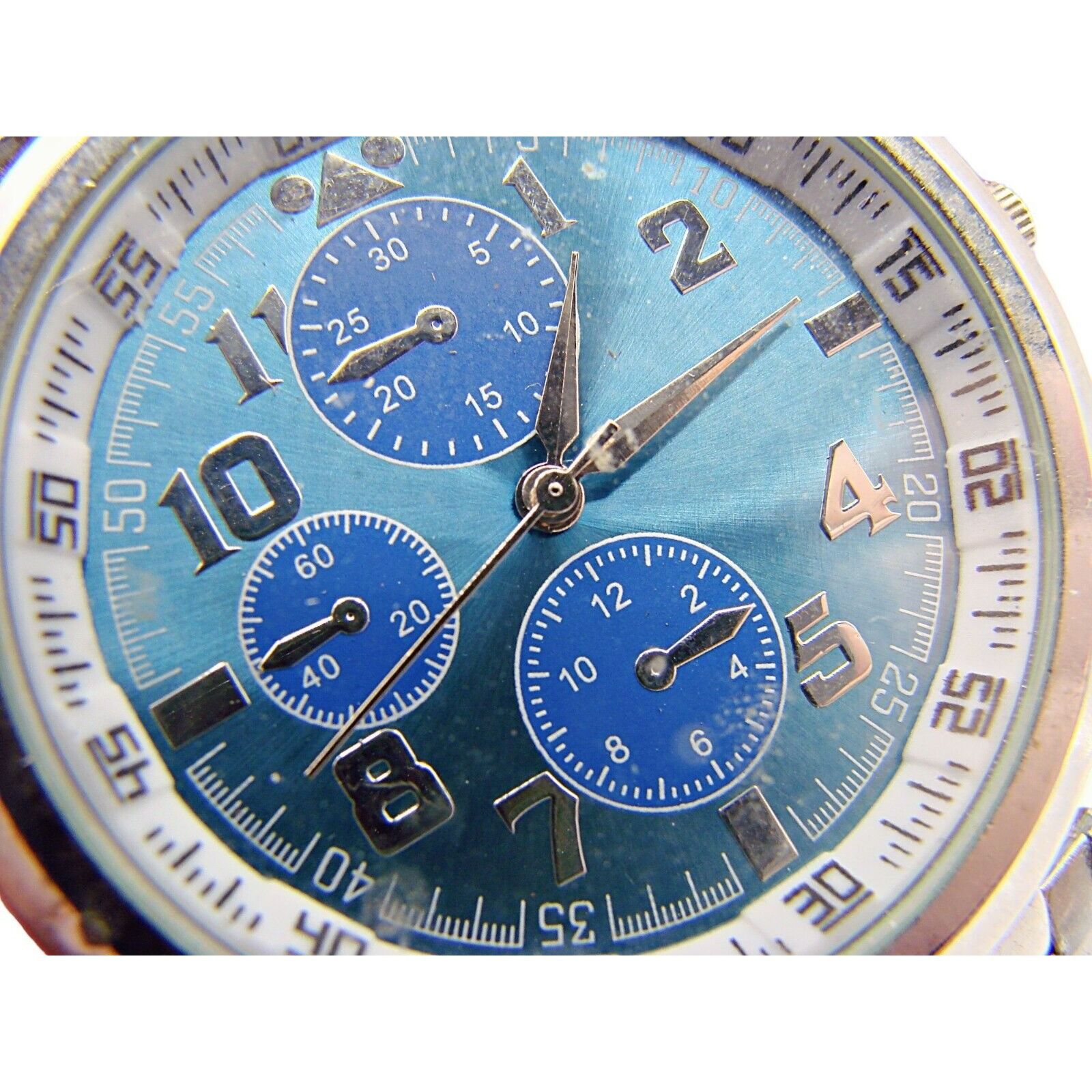 Vintage Ice Blue Face Bezel Watch Stainless Steel Band Chronograph M ...