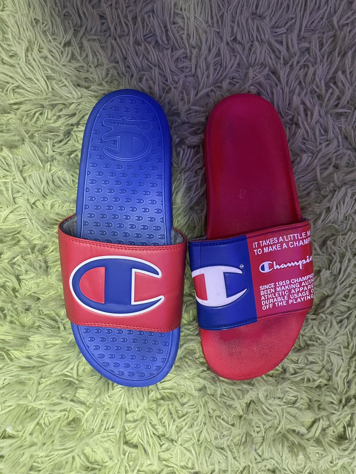 Champion CHAMPION RED AND BLUE SLIDES | Grailed