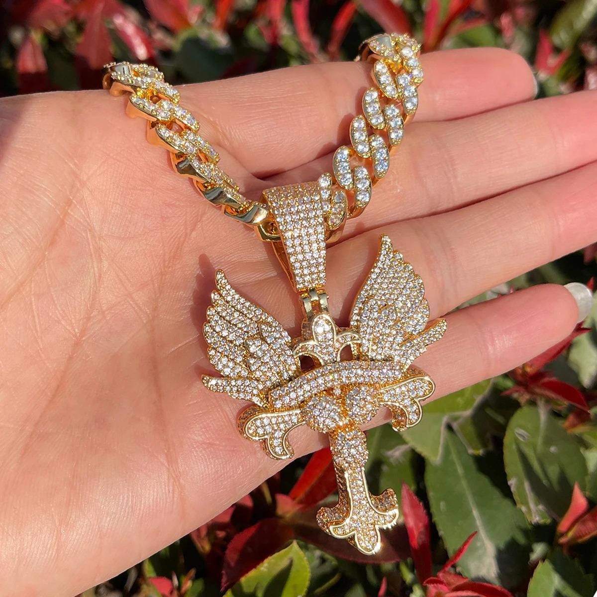 Streetwear Yellow Gold Diamond Winged Dagger Cross Necklace | Grailed