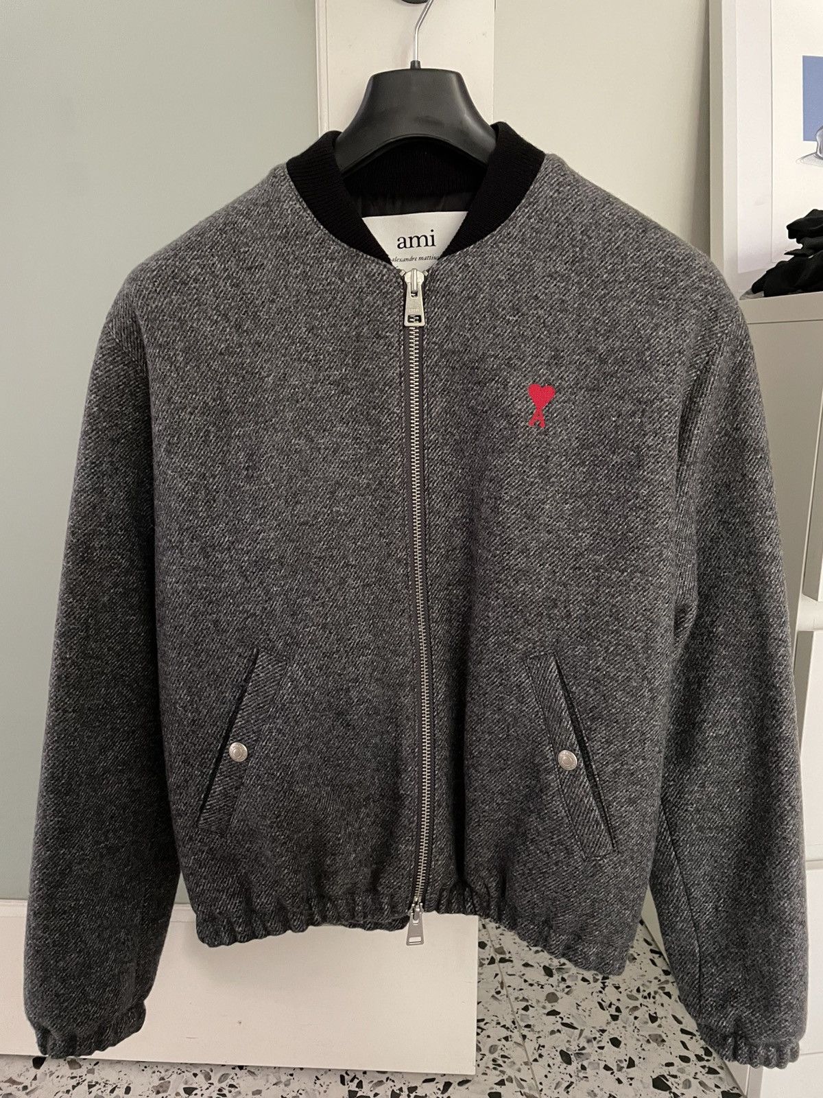 AMI Zip-up Grey Wool Bomber Jacket | Grailed