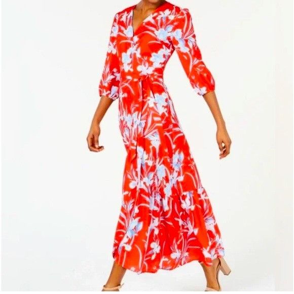 Bar III BAR III Floral Printed Maxi Wrap Red Dress | Grailed