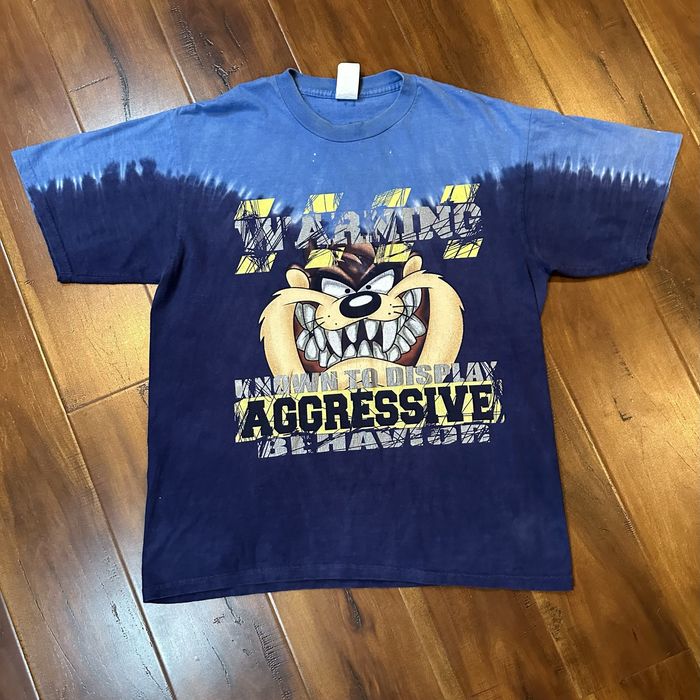 Vintage Looney Tunes Cartoon Tee Taz Warning Aggressive Tie Dye Blue ...