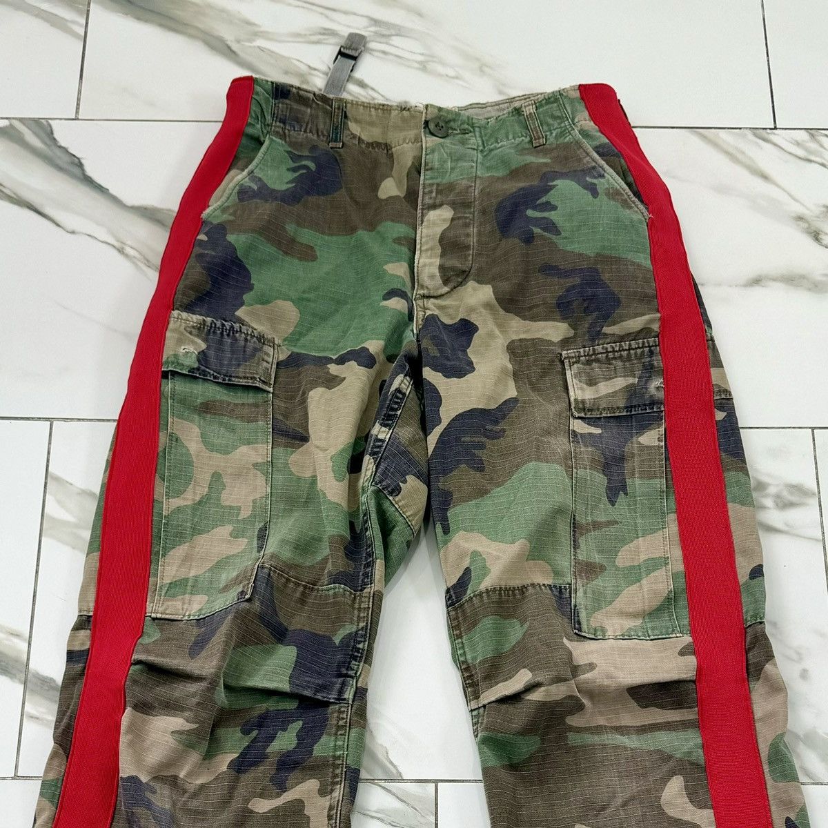 Vintage REWORKED CAMO CARGO RED STRIPE MILITARY PANTS! | Grailed