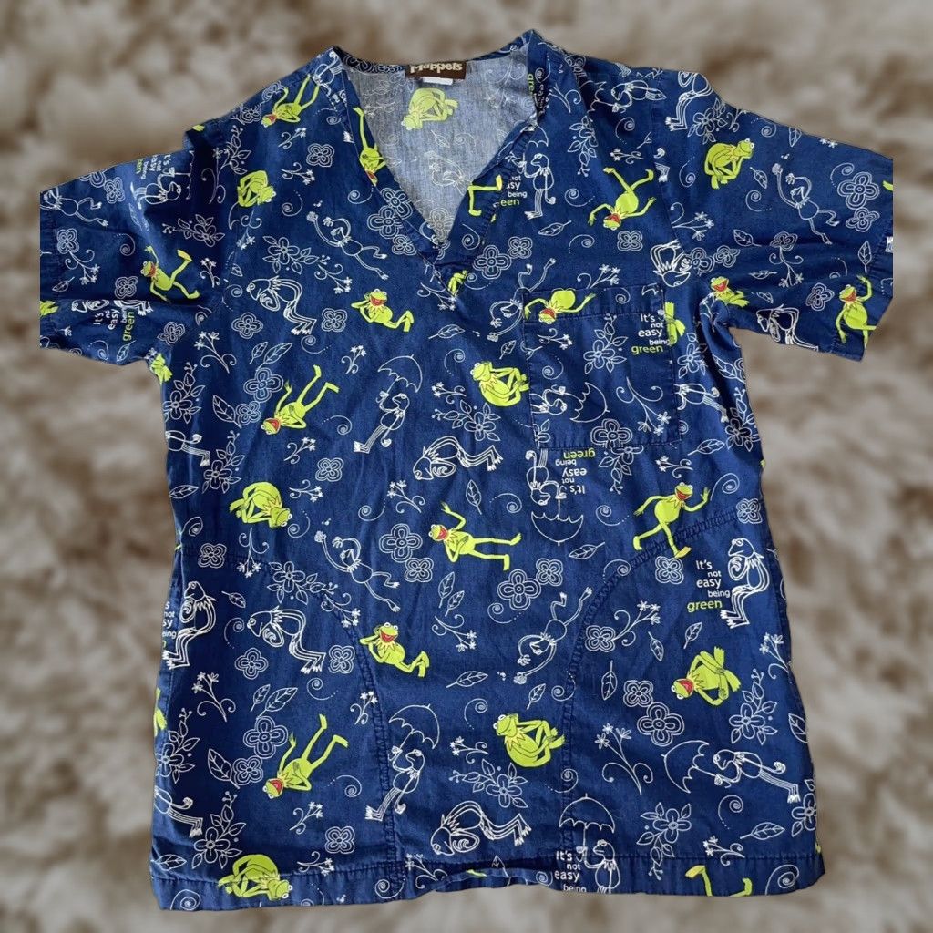 Vintage Premium Muppets Nurse Scrub Top S Kermit The Frog Blue Floral ...