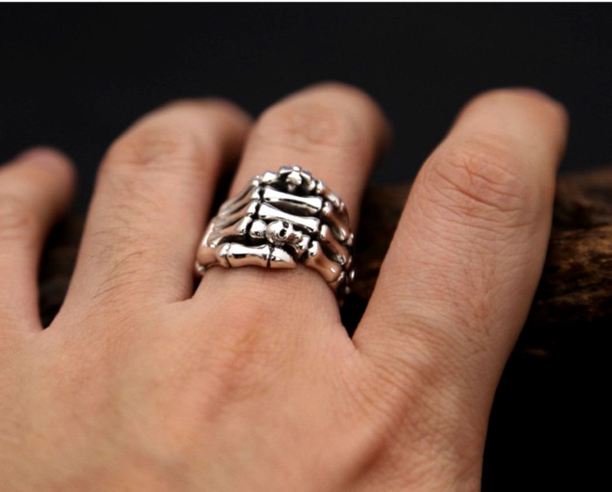 Designer × Vintage Vintage Punk Skull Skeleton Claw 925 Silver Ring ...
