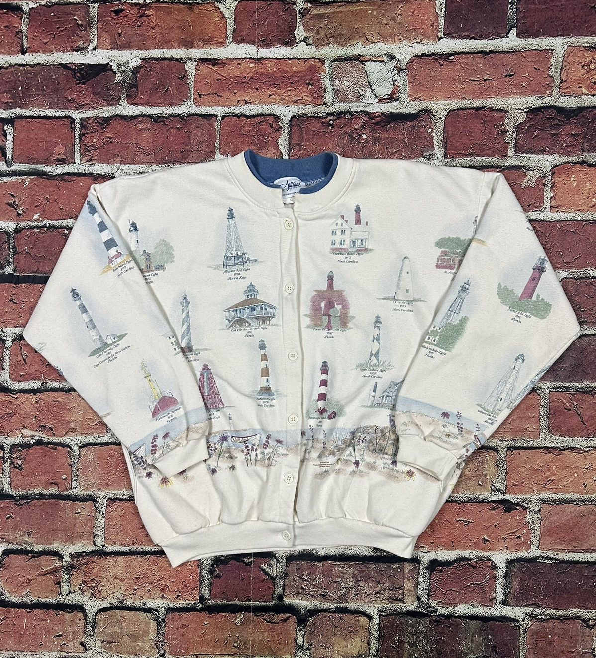 Vintage Vintage Artisans Sweatshirt White Cardigan Lighthouse AOP | Grailed