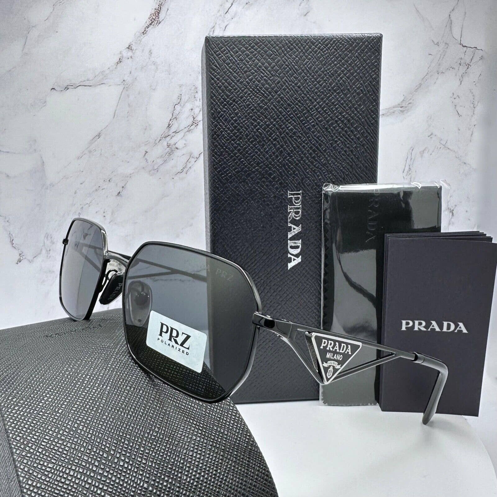Prada Prada Sunglasses Black Polarized Metal Silver Triangle | Grailed