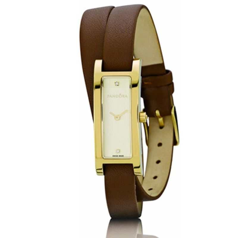 pandora PANDORA Women's 18K Gold Double Leather Oblong Diamond Watch ...