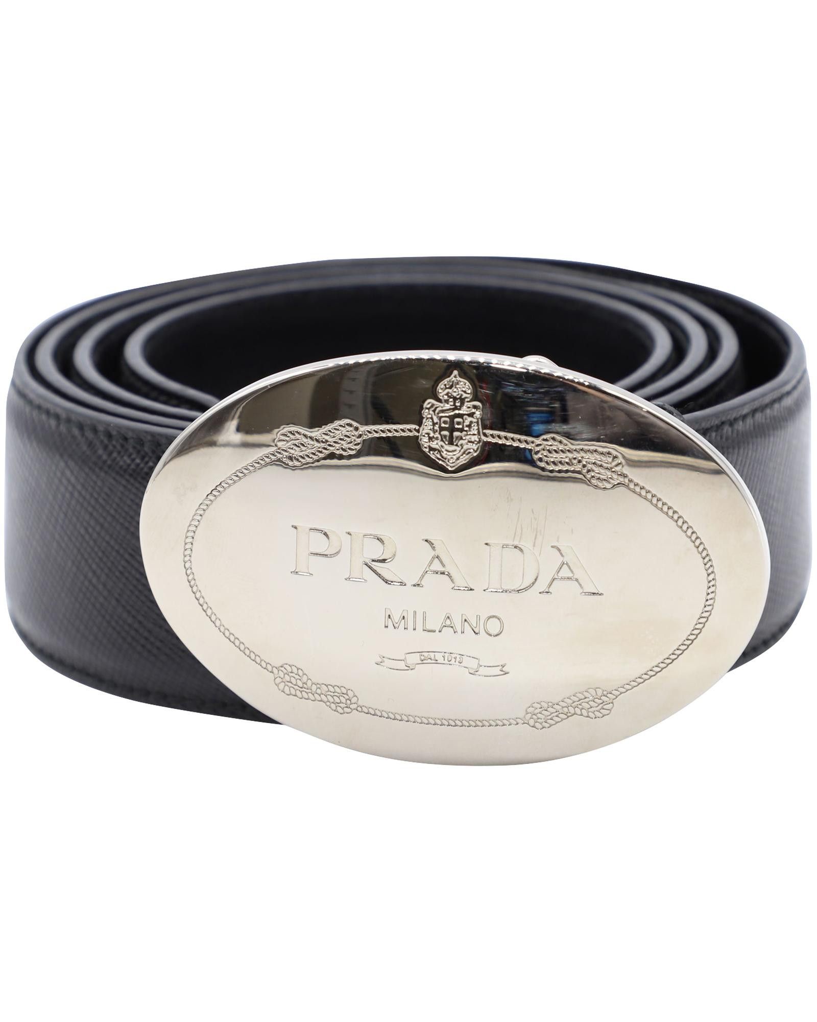 Prada Prada Savoia Oval Buckle in Silver Metal and Black Leather | Grailed