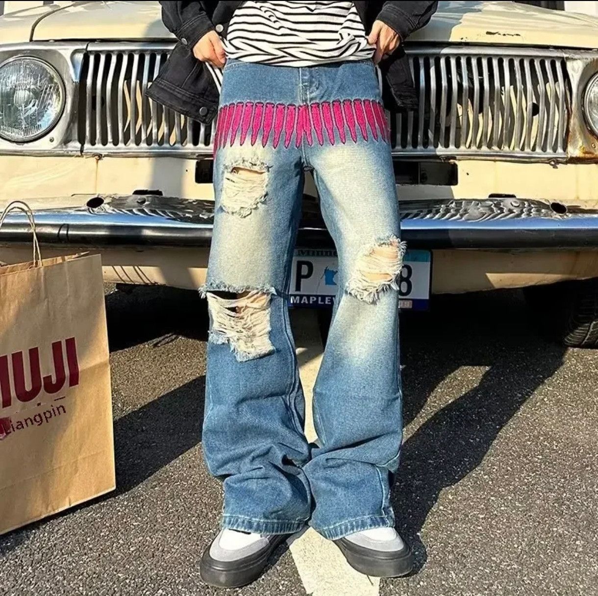 Distressed Denim × Jean × Vintage Bullet Graphic Distressed Blue ...