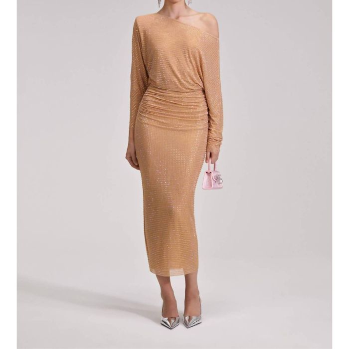 Self-Portrait SELF-PORTRAIT Rhinestone Mesh Midi Dress In Gold | Grailed