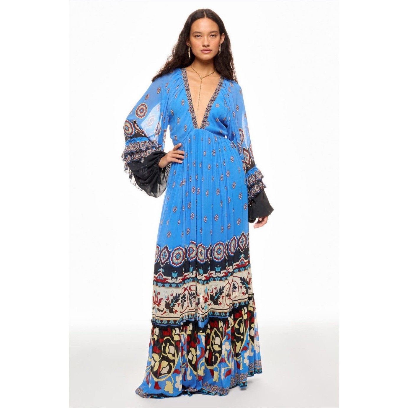 Farm Rio Farm Rio Anika Tiles Cerulean Blue Maxi Dress Long Sleeve V ...