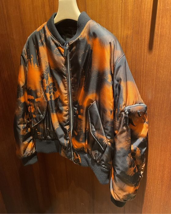 Raf Simons Prada Orange Printed Oversized Re-Nylon Bomber Jacket | Grailed