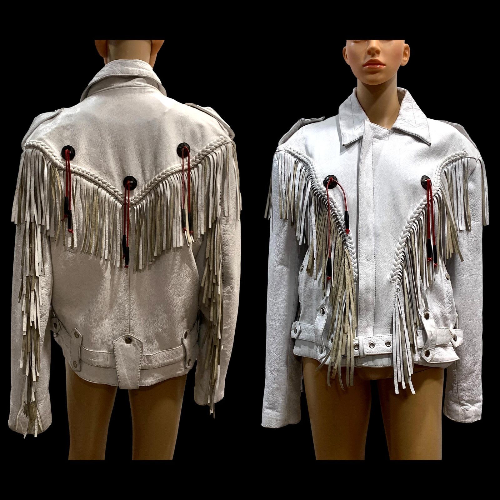 First Genuine Leather 80s 90s White Leather Western Fringe Biker Jacket ...