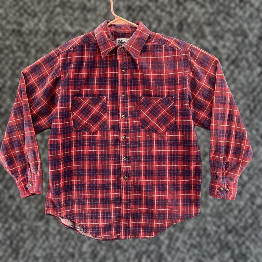 Basic Editions VINTAGE Basic Editions Men's Red Flannel Plaid Button-Up Shirt Medium 90s | Grailed