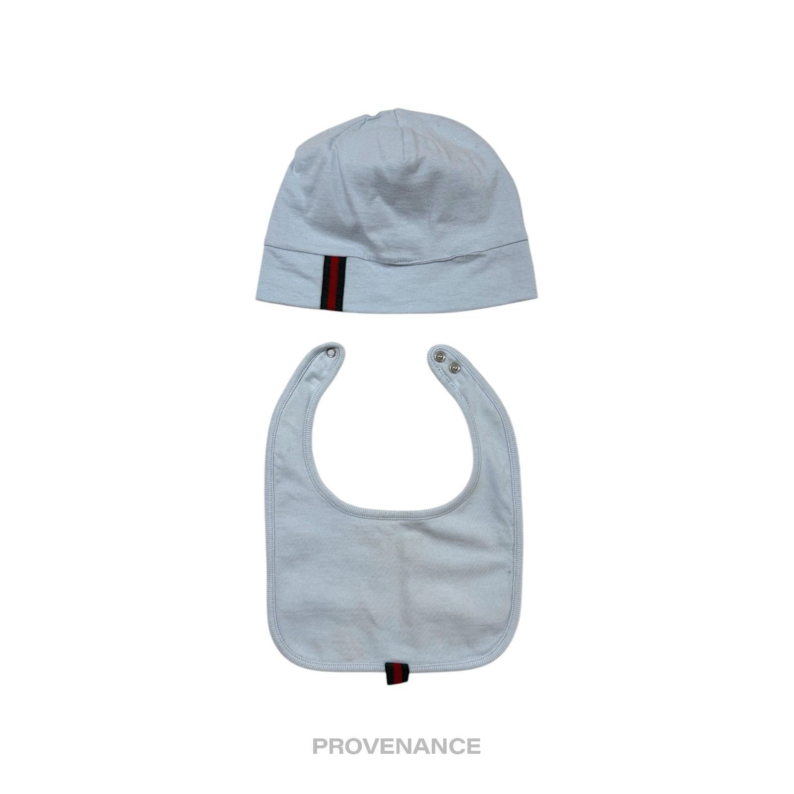 Gucci 🔴 Gucci Web Baby Hat and Bib Set - Powder Baby Blue 3/6m | Grailed