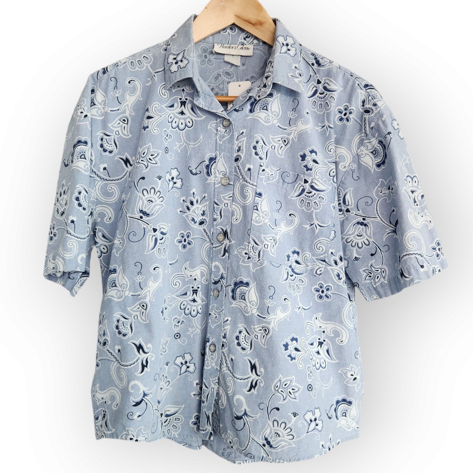 Vintage Vintage Blue White Floral Pattern 80s Western Button Shirt M ...