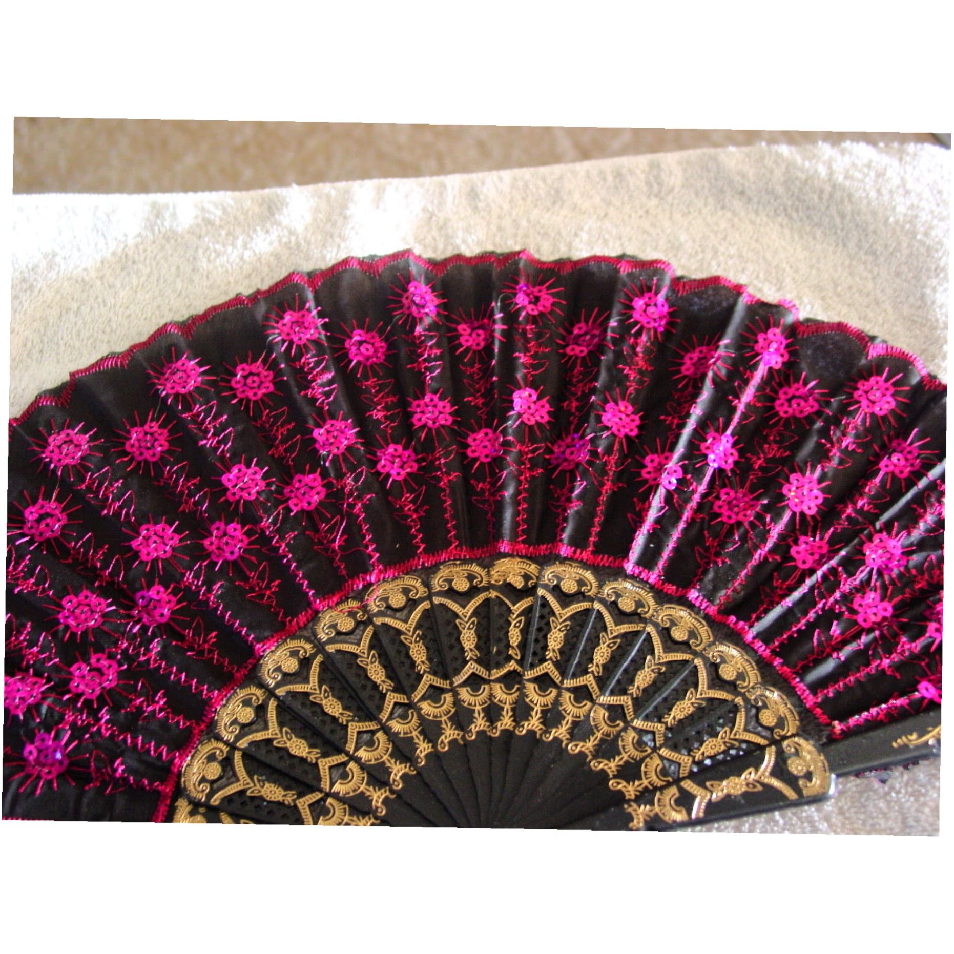 Vintage Dark Pink and Black Sequined Small Hand Held Accessory Fan ...