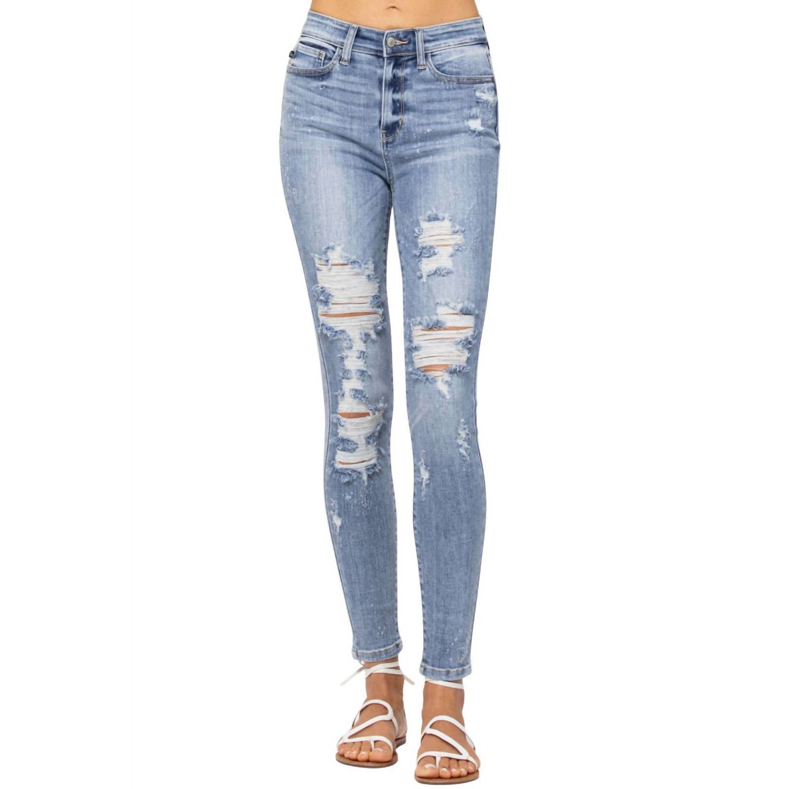 Designer JUDY BLUE Destroyed Skinny Jean In Bleach Splash | Grailed
