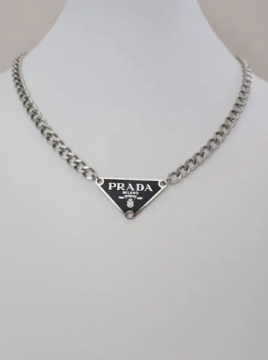 Custom Prada Repurposed Necklace Chain Black Pedant Triangle Silver ...