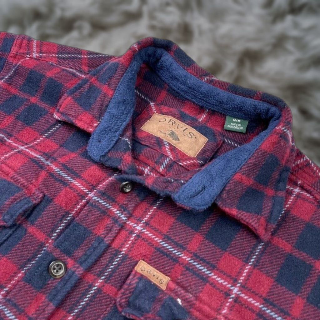 Orvis Orvis Heavy Flannel Shirt Jacket Men’s Medium Burgundy Navy Plaid ...