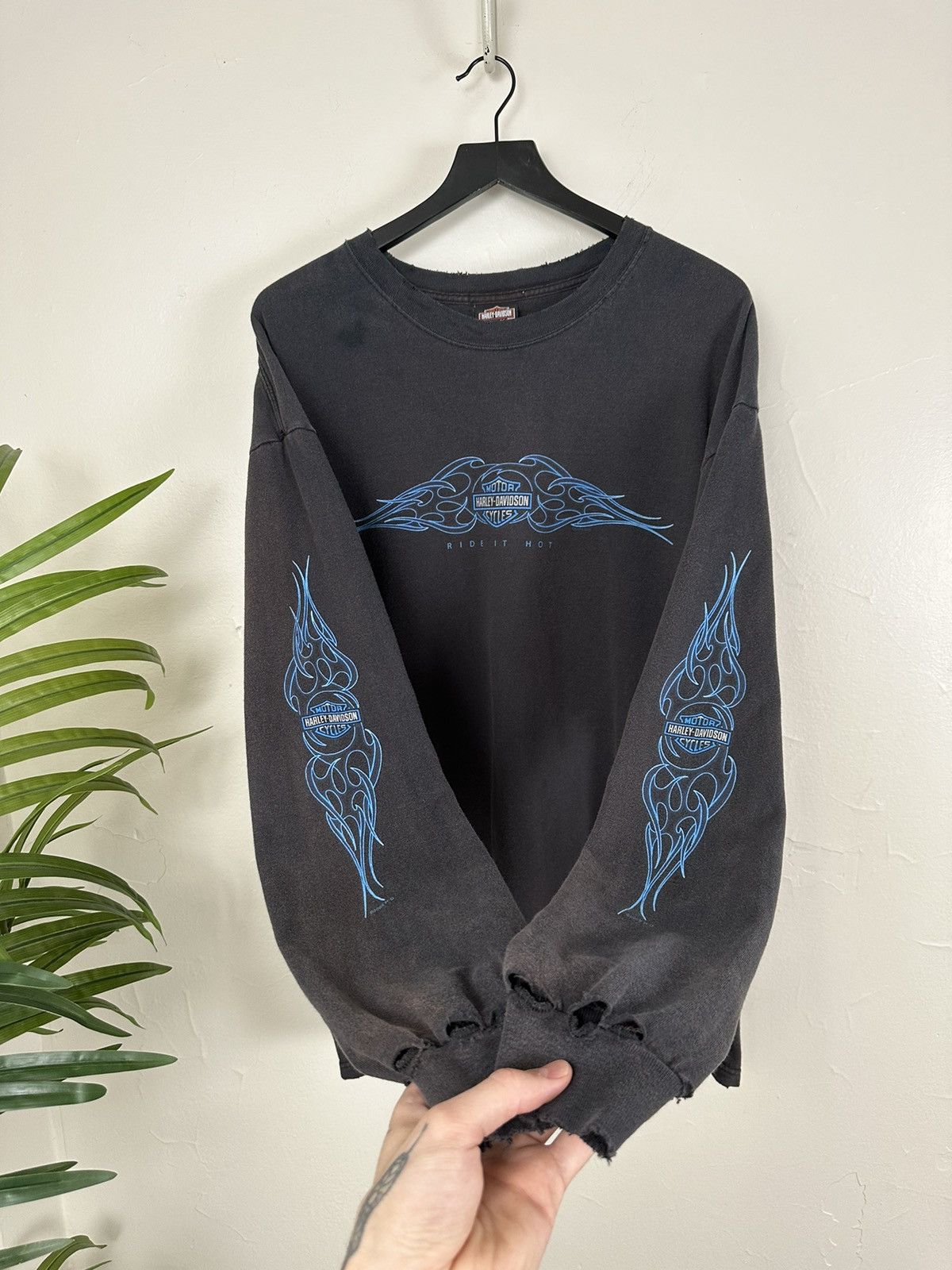Harley Davidson (XXL)THRASHED & FADED BLUE Flames Harley Davidson ...