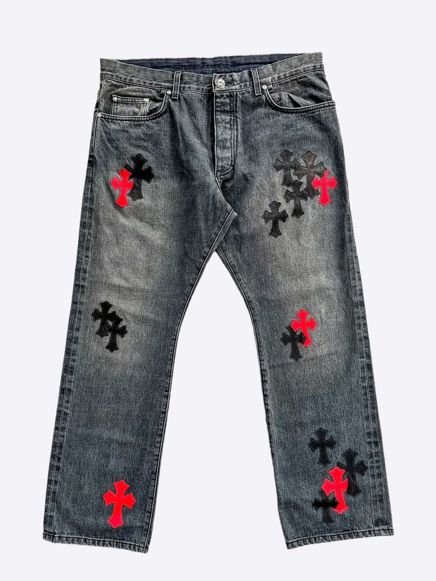 Chrome Hearts Chrome Hearts Grey Black & Red Cross Patch Jeans | Grailed