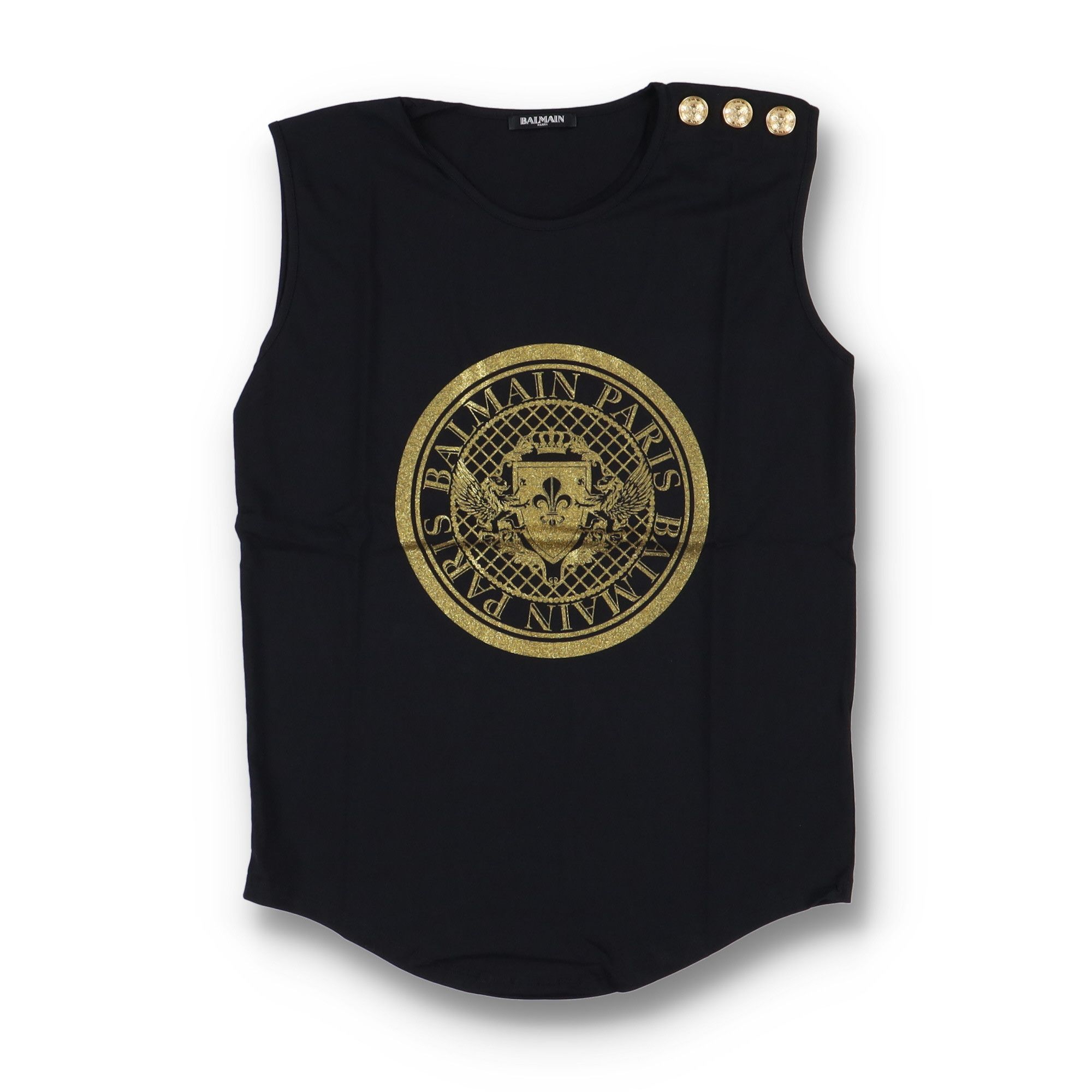 Balmain Black and Gold Crest Logo Shoulder Buttons Tank Top | Grailed