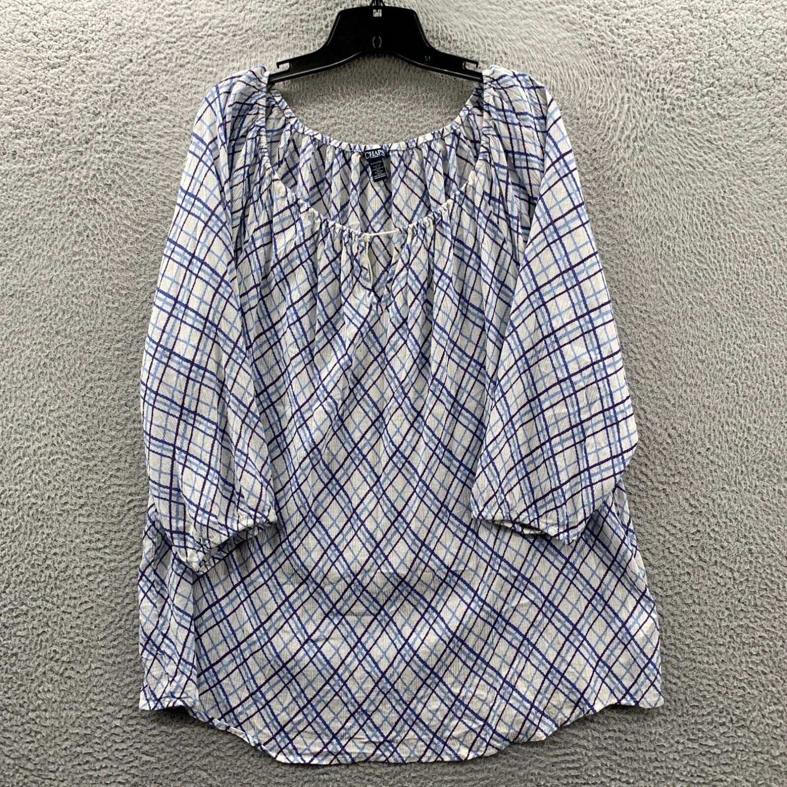Chaps CHAPS Blouse Womens 1X Top Plaid 3/4 Sleeve Sheer White Blue ...