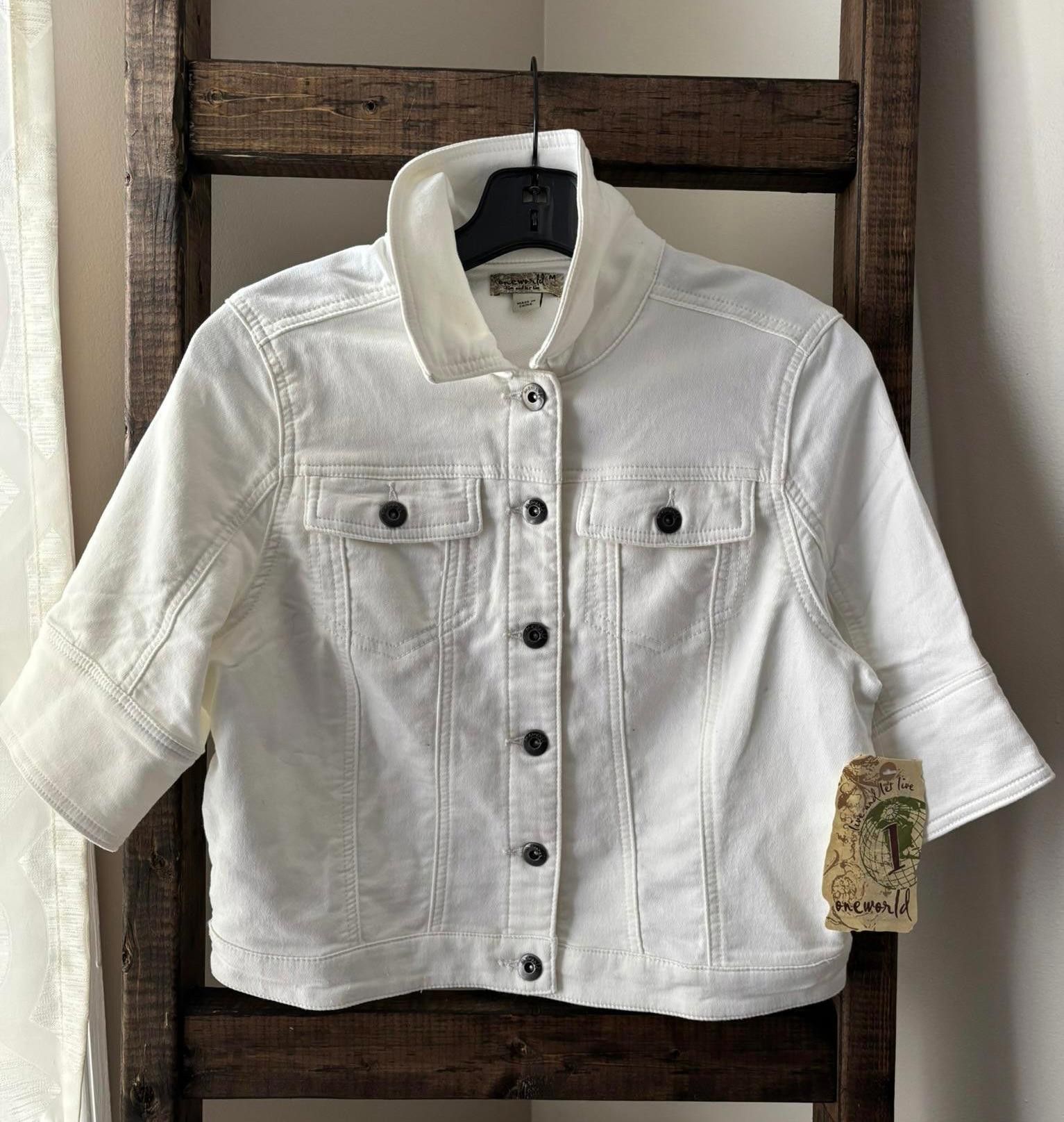 Designer One World White Crop Faux Denim Look Jacket M NWT | Grailed