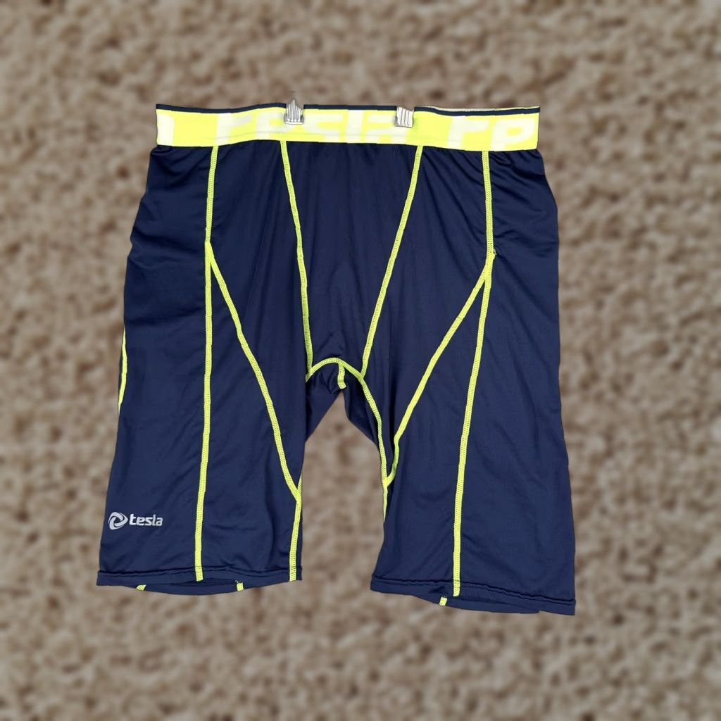 Vintage Tesla Compression Shorts Mens Medium Blue Green Elastic Waist ...