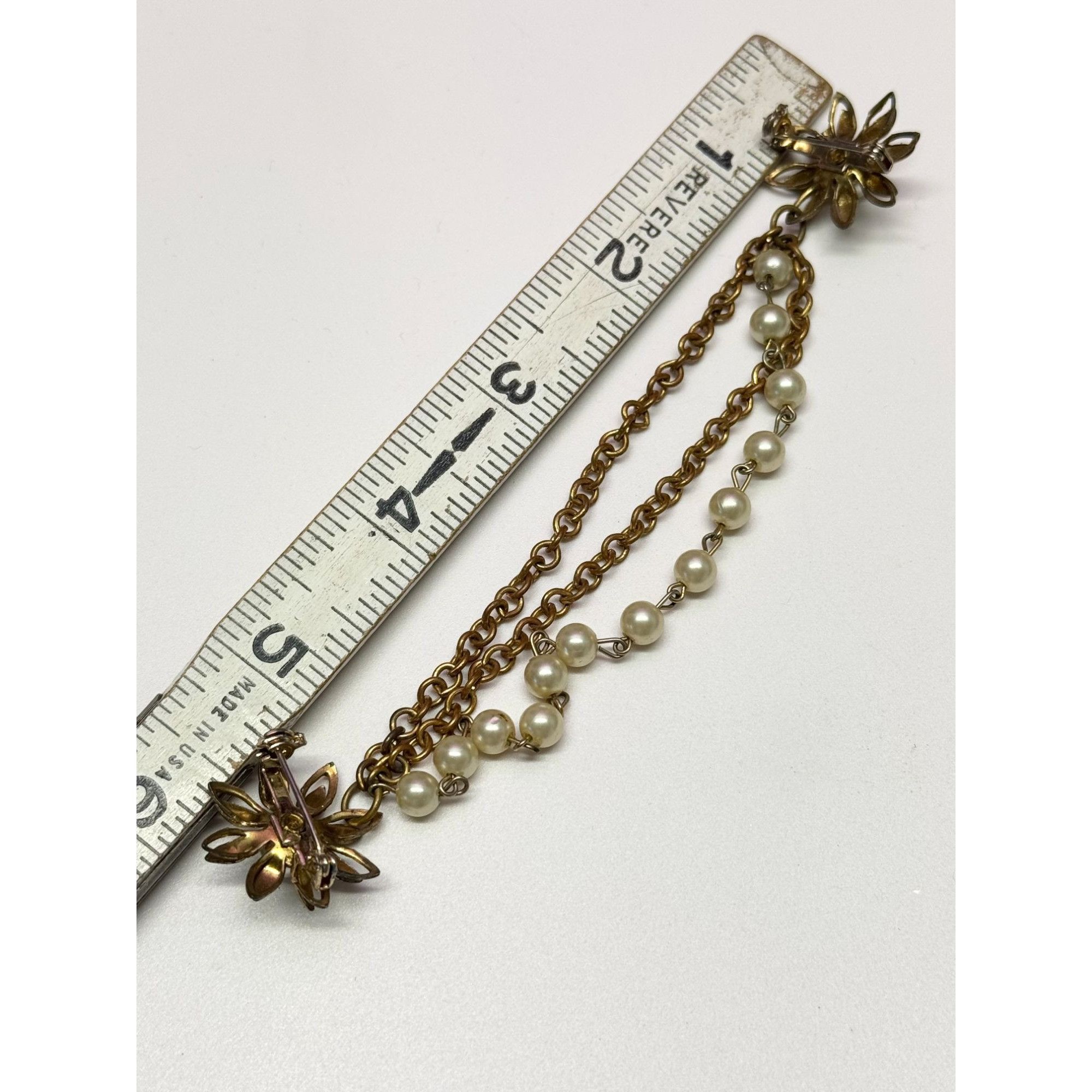 Vintage Vintage pearl double chain flower chatelaine brooch pin | Grailed