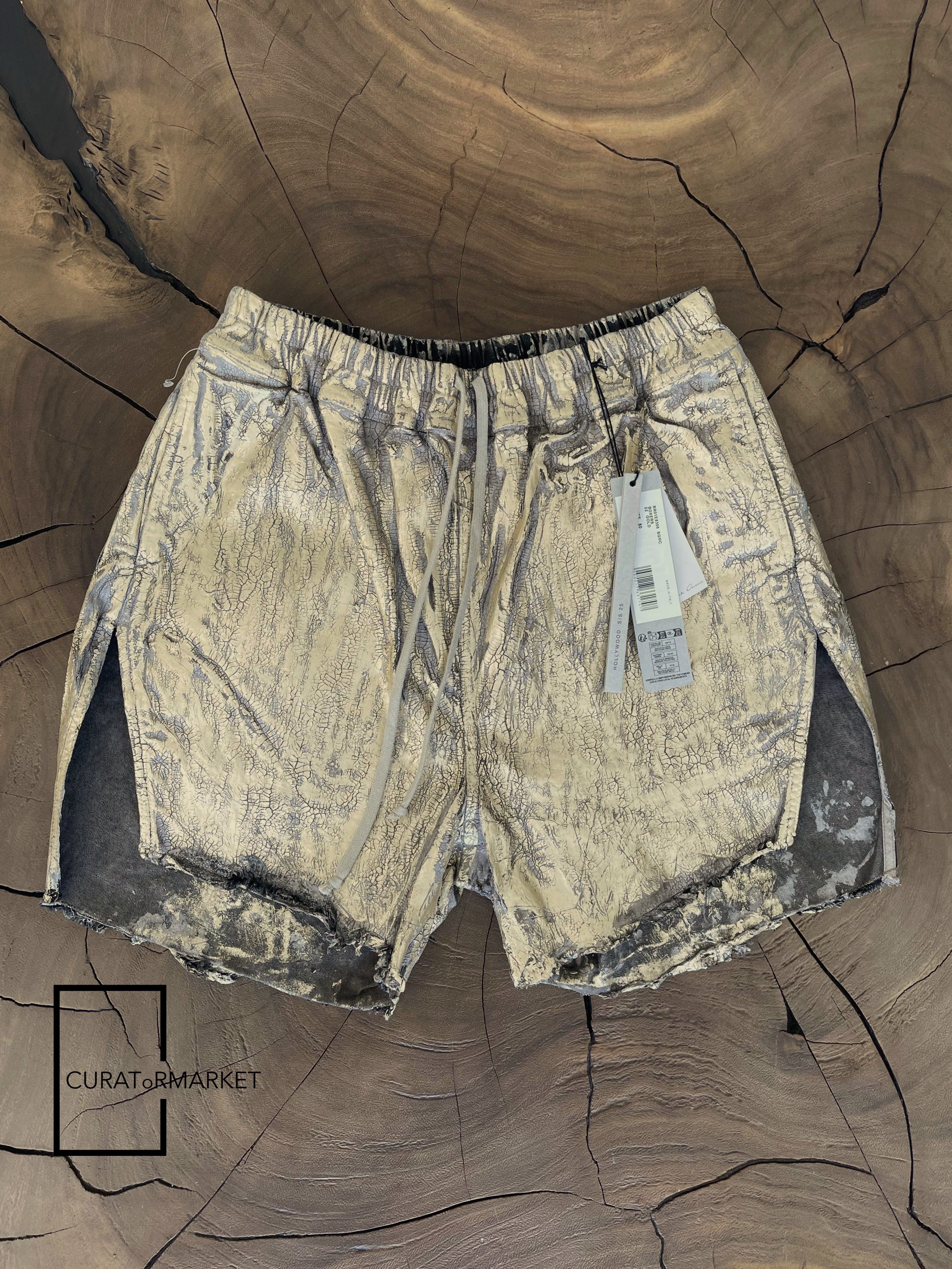 Rick Owens EU50 Gold Foil Runway Megacrust Denim Boxers SS25 Hollywood ...