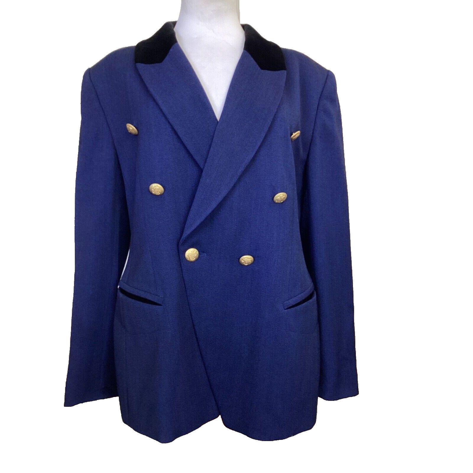 Escada VINTAGE ESCADA BLUE WOOL VELVET TRIM DOUBLE BREASTED BLAZER ...