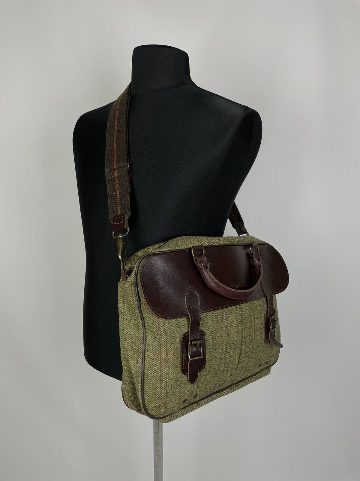 Barbour × Vintage Barbour Leather & Tweed Briefcase Shoulder Strap Bag ...