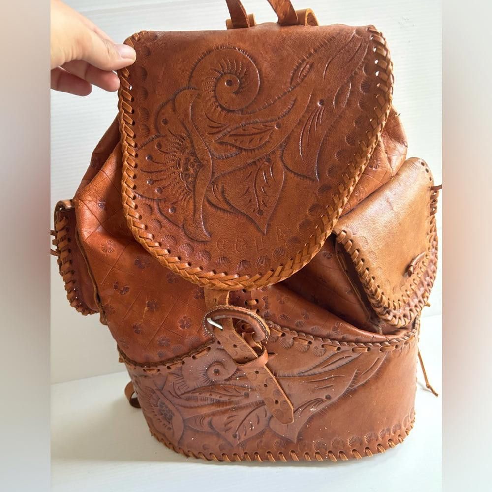 Designer Hand-Tooled Tan Brown Leather Backpack | Grailed