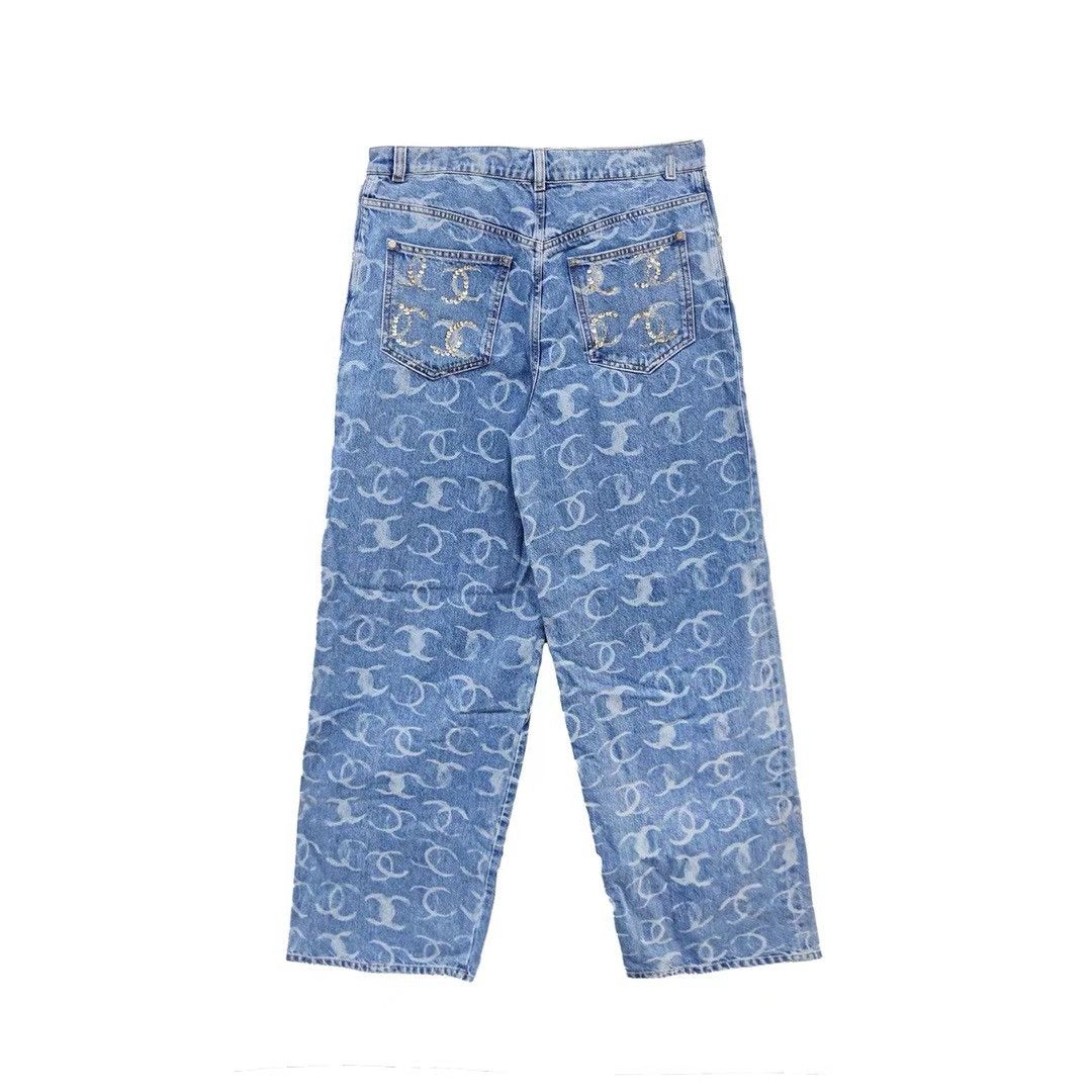 Chanel Chanel 23B Runway Light Blue Denim White CC Print Logo Jeans ...