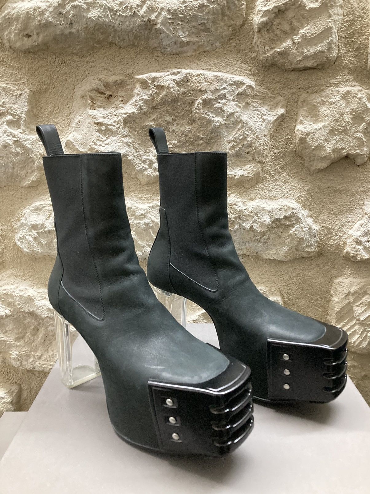 Rick Owens Black Kiss Grilled Platform Suede Heel Boots | Grailed
