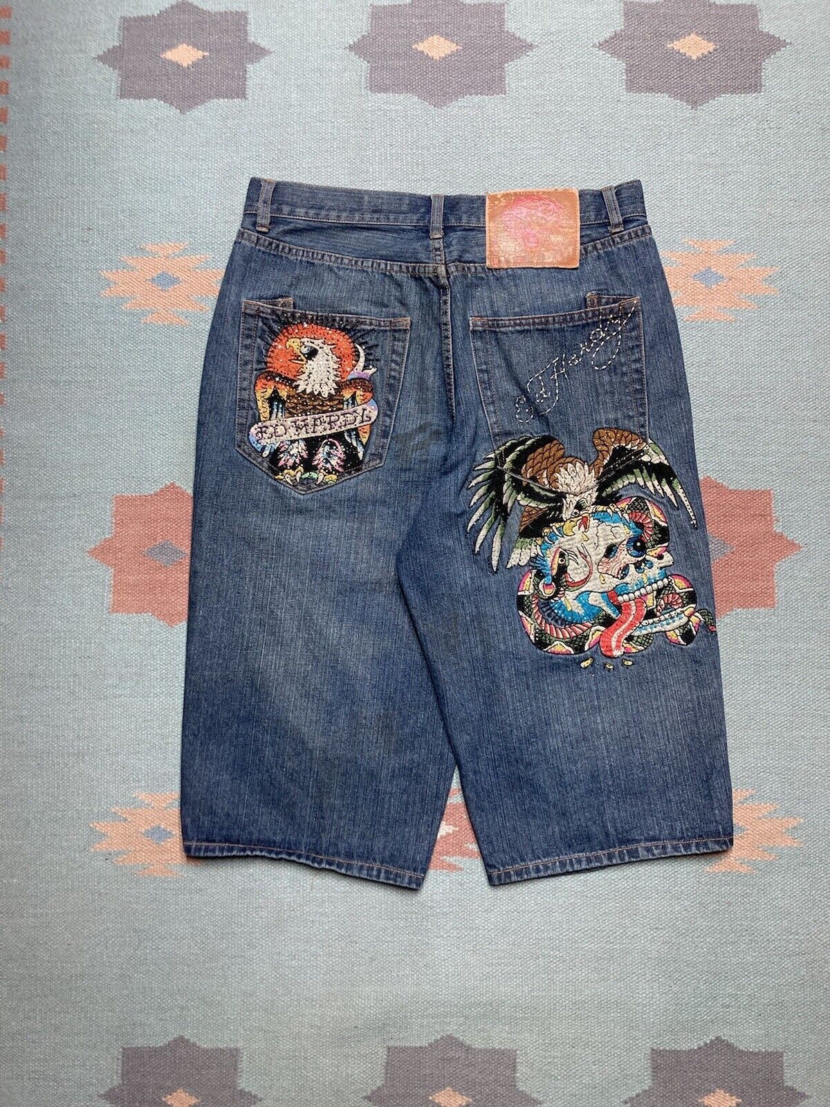 Vintage y2k baggy jeans shorts jorts Ed hardy embroidered skull 34 ...
