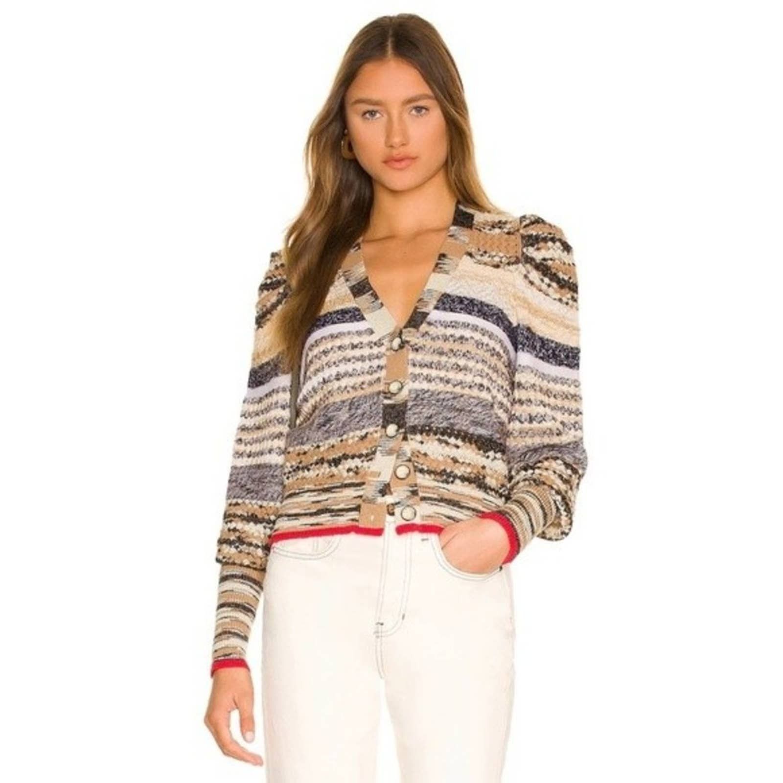 Veronica Beard Veronica Beard Cecily Mixed Knit Cardigan Tan Wool, Size ...