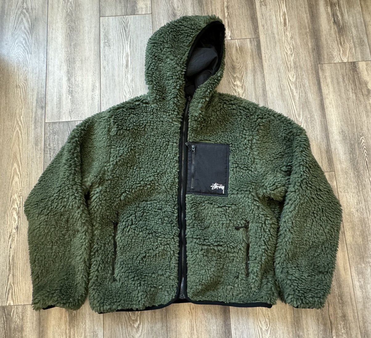 Stussy Stussy Green Reversible Sherpa Fleece Hoodie Zip Large | Grailed