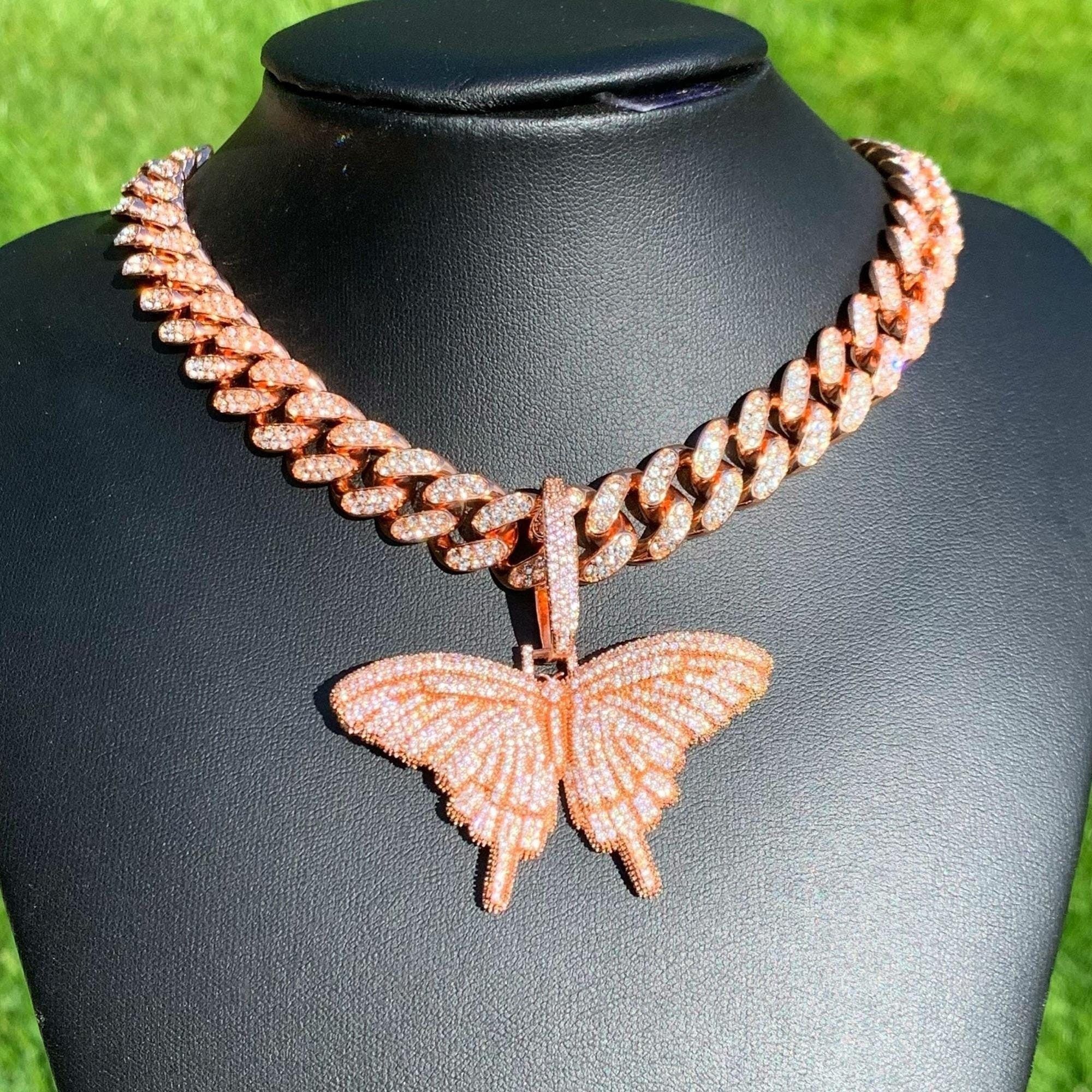 Cuban Link Chain Butterfly Cuban Link Chain Butterfly Pendant Rose Gold ...