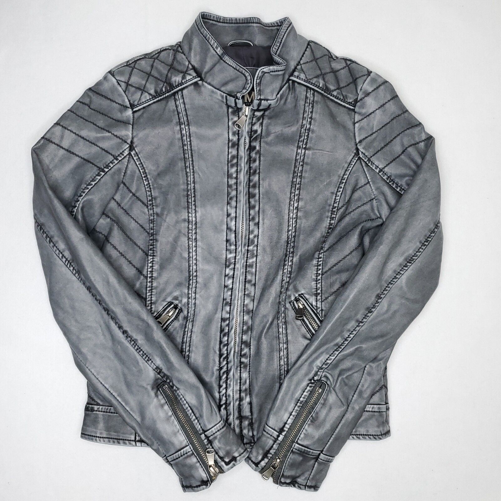 Vintage YMI Collection Charcoal Gray Faux Leather Jacket Womens S Biker ...