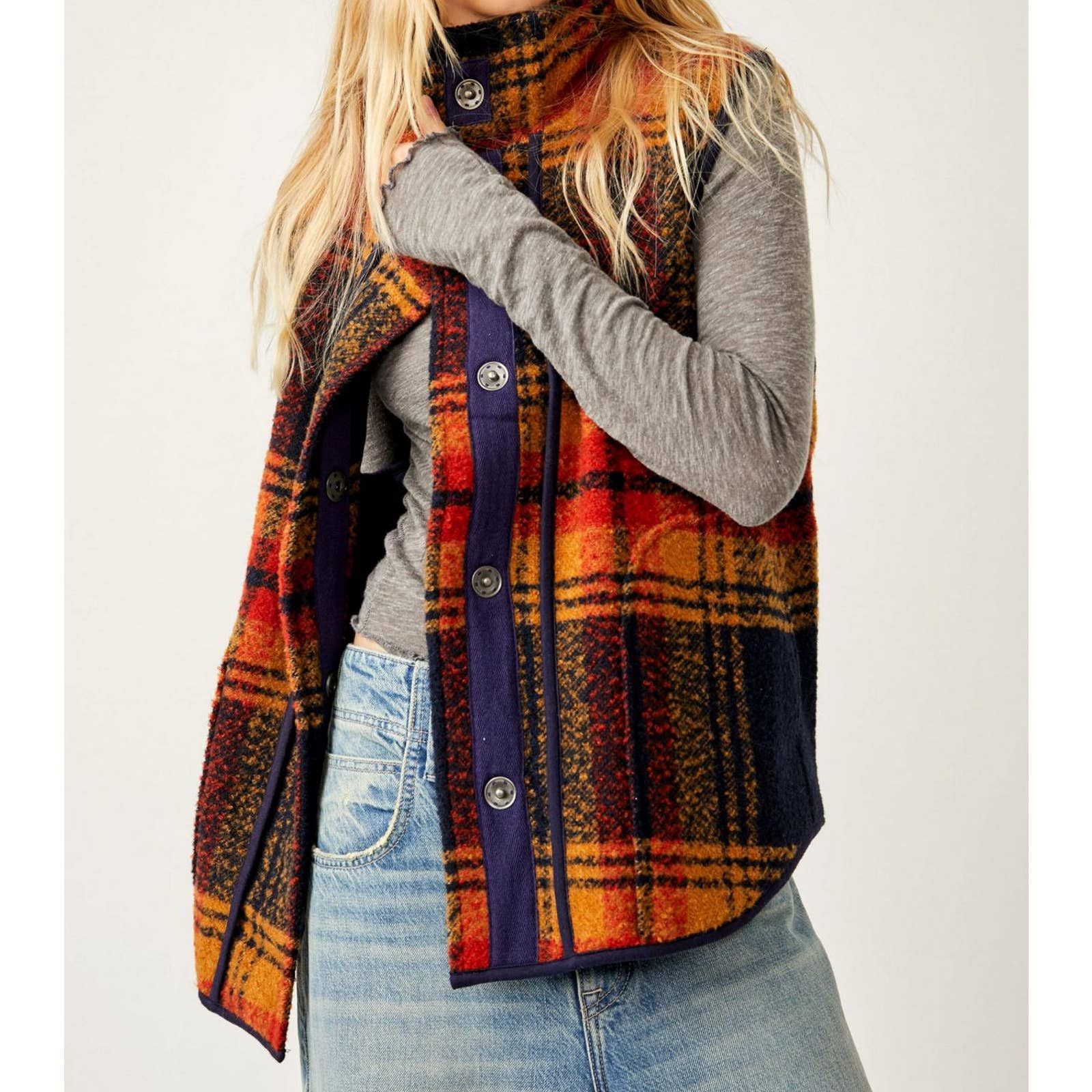 Free People Wrapped Up Blanket Vest In Navy/gold | Grailed