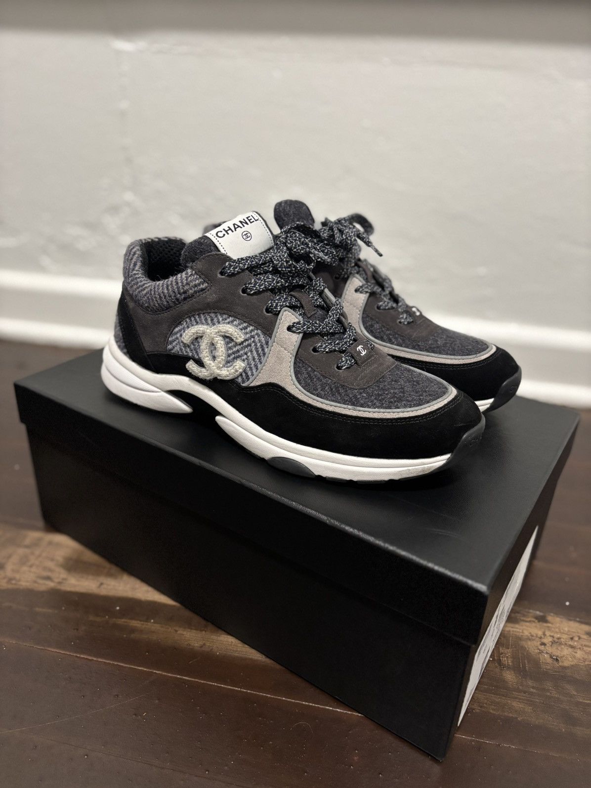 Chanel Black and Grey Tweed Low Trainers | Grailed