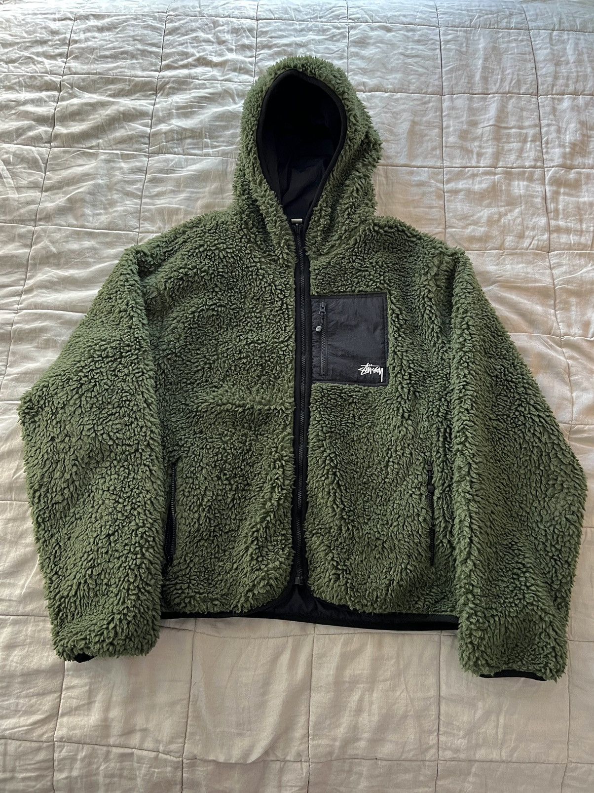 Streetwear × Stussy × Vintage Stüssy Reversible Sherpa Hooded Dark Green Olive | Grailed
